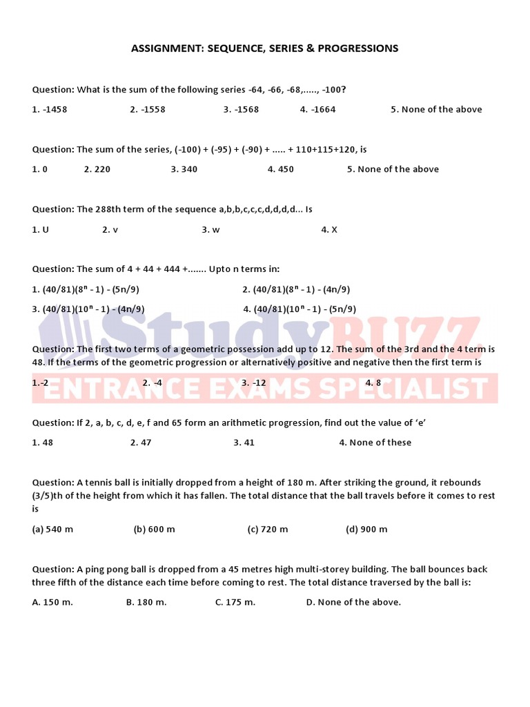 Assignment: Sequence, Series & Progressions | PDF | Mathematics