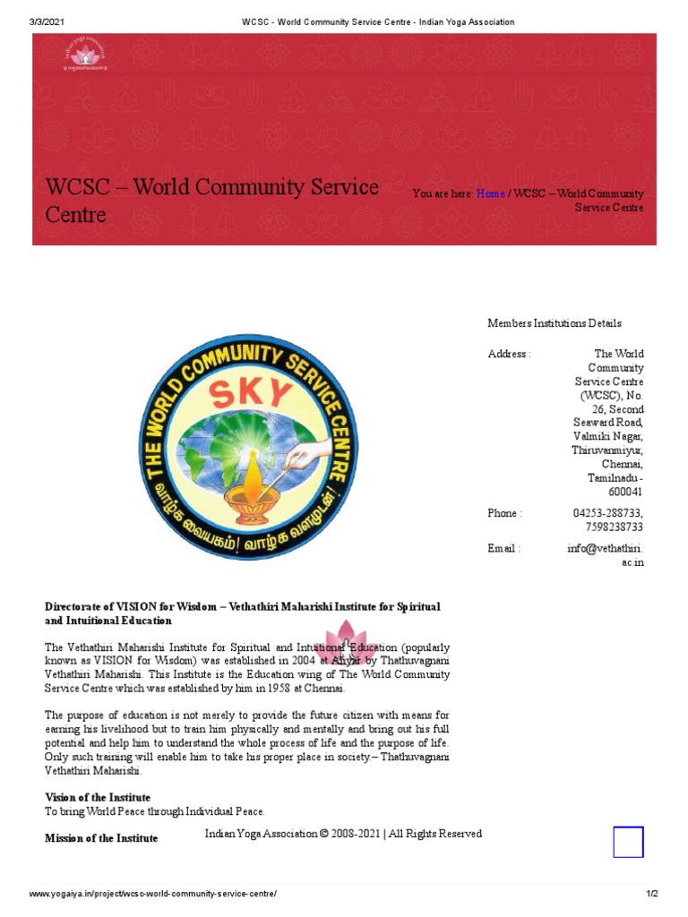 WCSC - World Community Service Centre - Indian Yoga Association | PDF