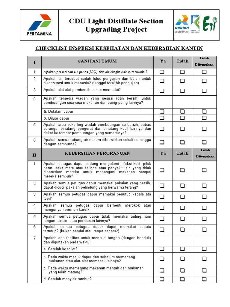 Checklist Inspeksi Kesehatan Dan Kebersihan Kantin | PDF