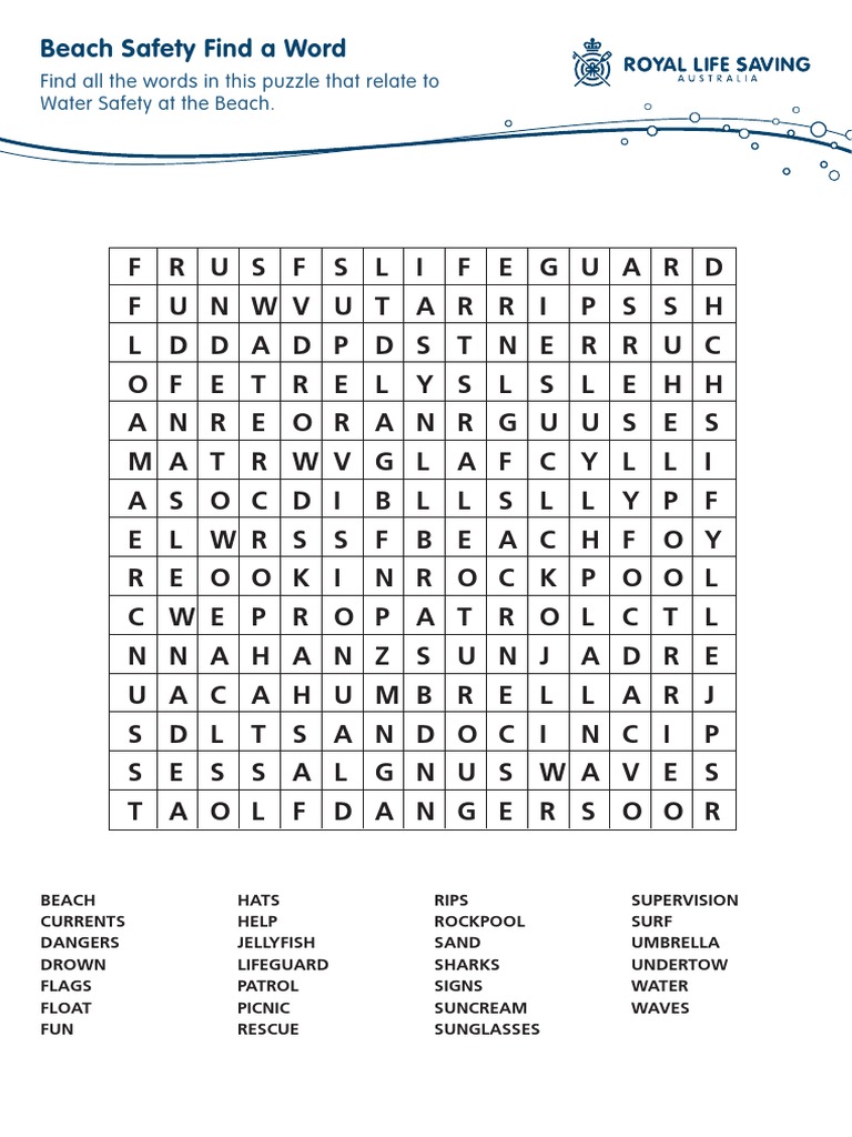 Water Safety at the Beach Word Search: Identifying Key Terms Related to ...