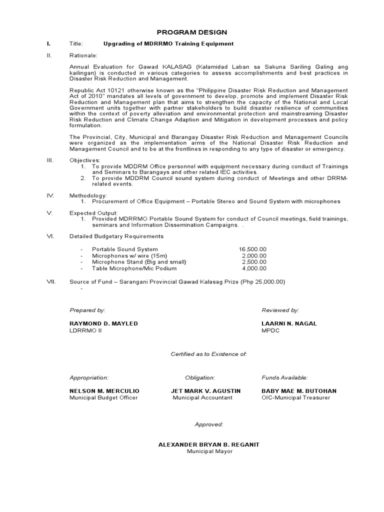 Program Design: I. Upgrading of MDRRMO Training Equipment | PDF | Risk ...