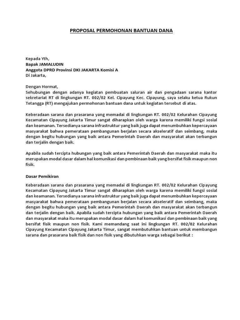 PROPOSAL PERMOHONAN BANTUAN DANA DPRRI (Jamal) | PDF