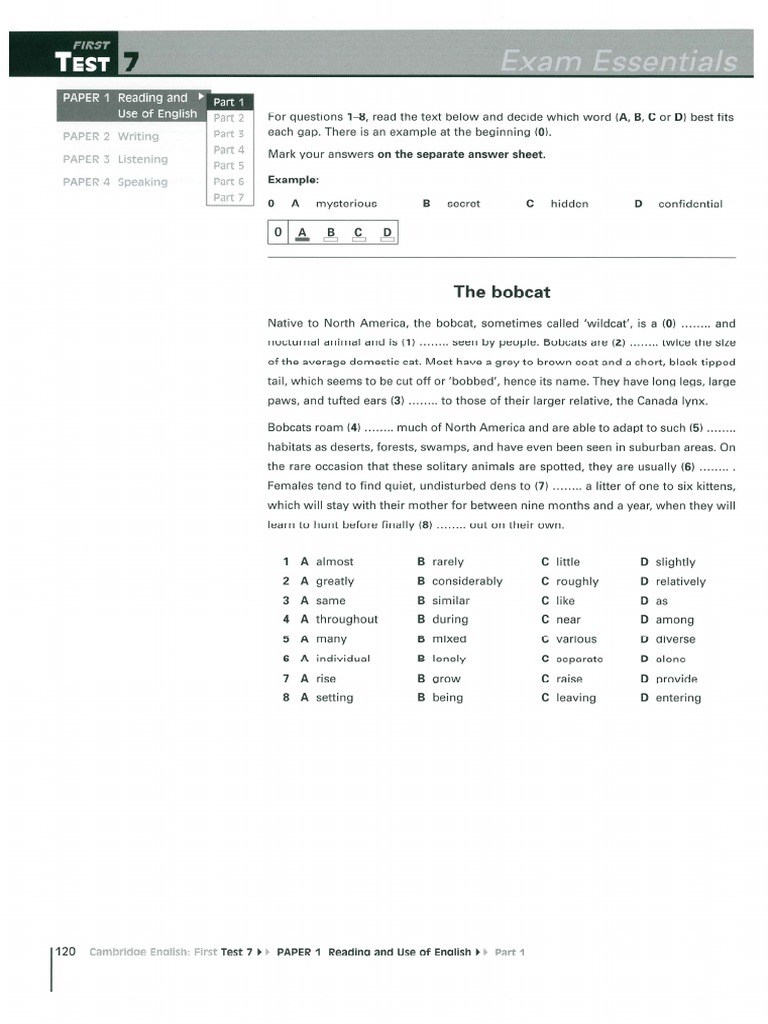 FCE Essentials 1 - Test 7 - Reading and Use of English - Parts 1 - 4 | PDF