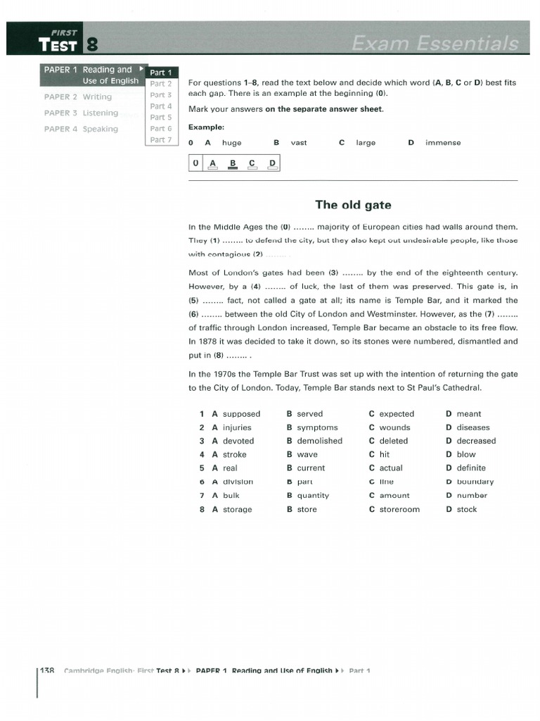 FCE Essentials 1 - Test 8 - Reading and Use of English - Parts 1 - 4 | PDF