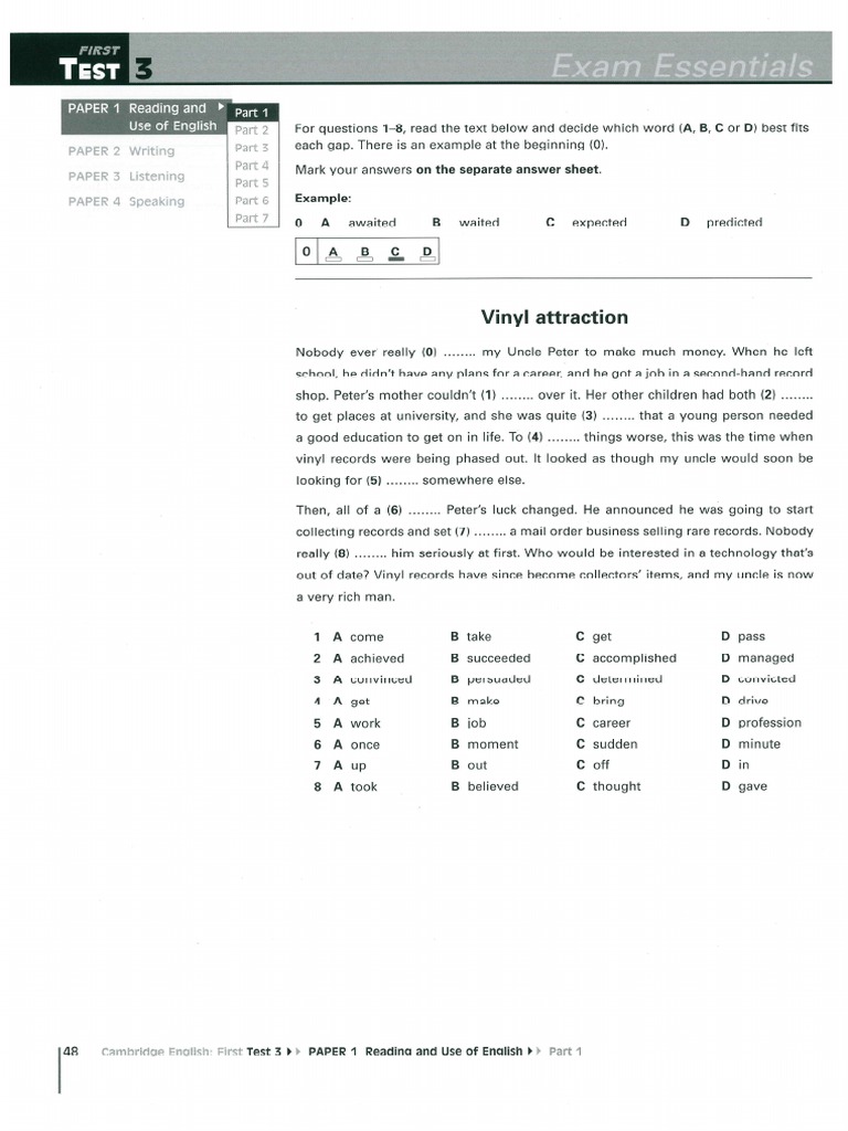 FCE Essentials 1 - Test 3 - Reading and Use of English - Parts 1 - 4 | PDF