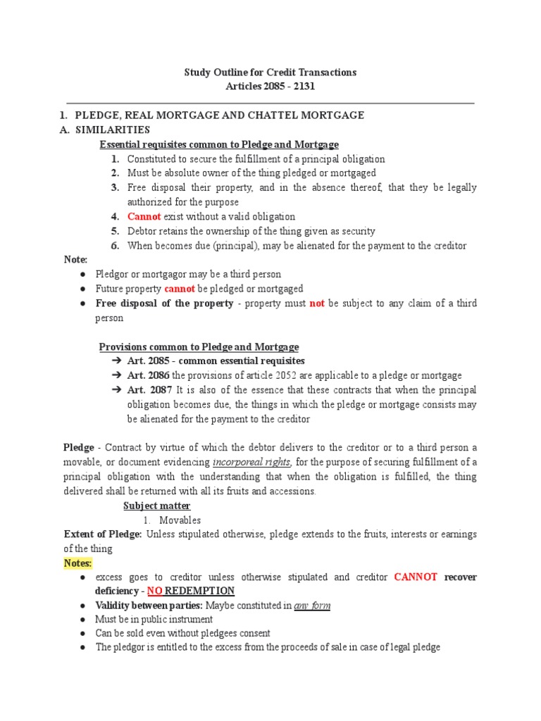 Analysis of Key Concepts in Credit Transactions Involving Pledge, Real ...