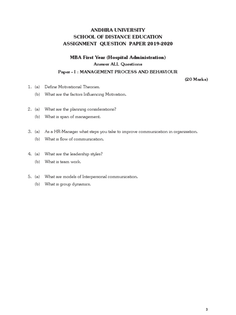 Andhra University School of Distance Education Assignment Question ...
