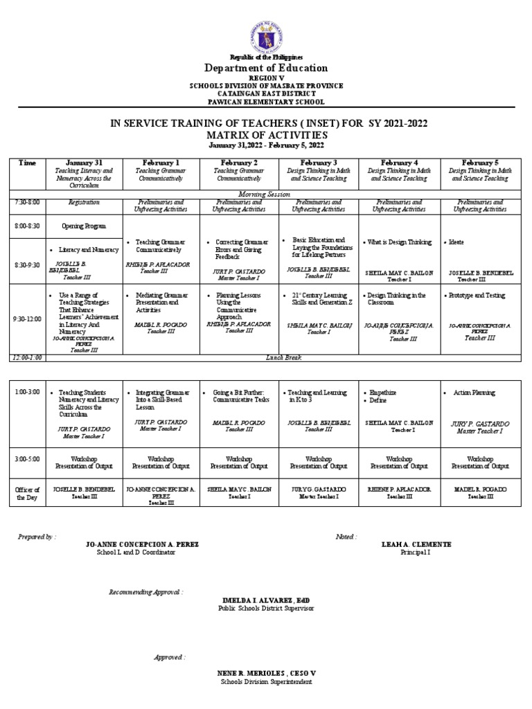 Matrix of Activities Inset February 2022 | PDF | Teachers | Literacy