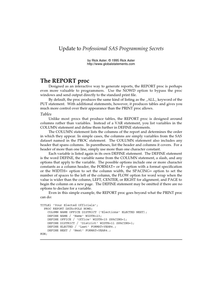 The REPORT Proc: Update To Professional SAS Programming Secrets | PDF ...