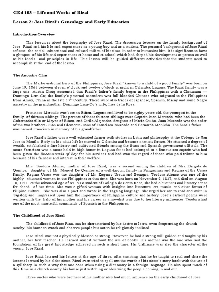 Lesson 2 - Jose Rizal's Genealogy and Early Education | PDF