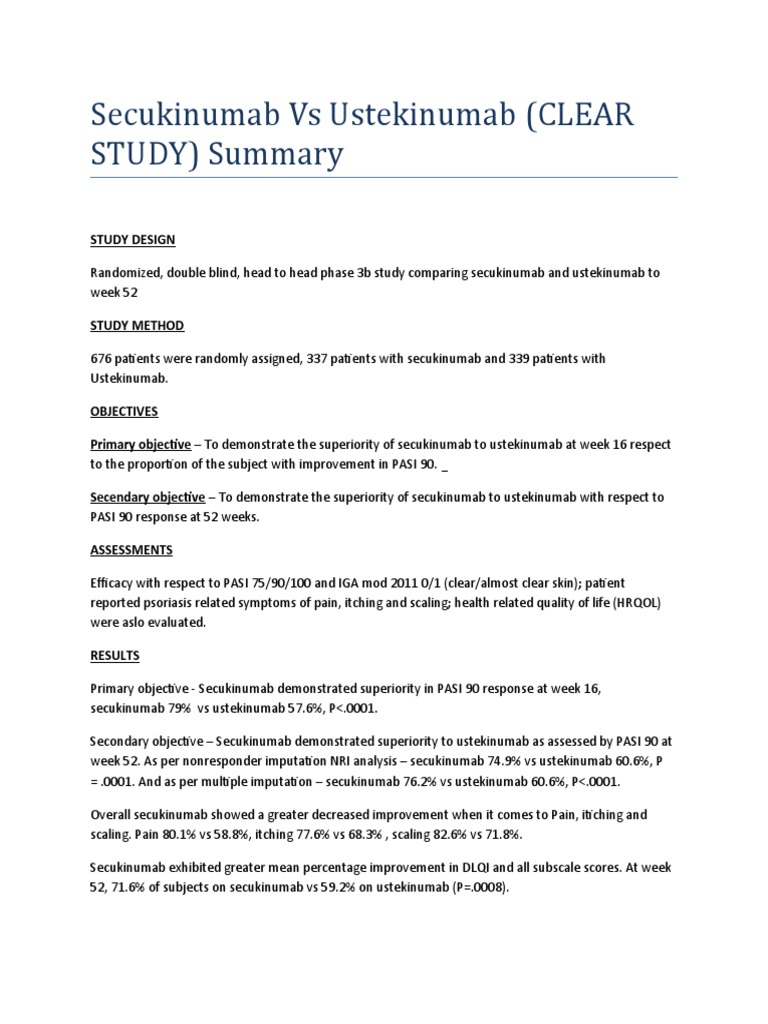 Secukinumab Vs Ustekinumab (CLEAR STUDY) Summary | PDF | Psoriasis ...