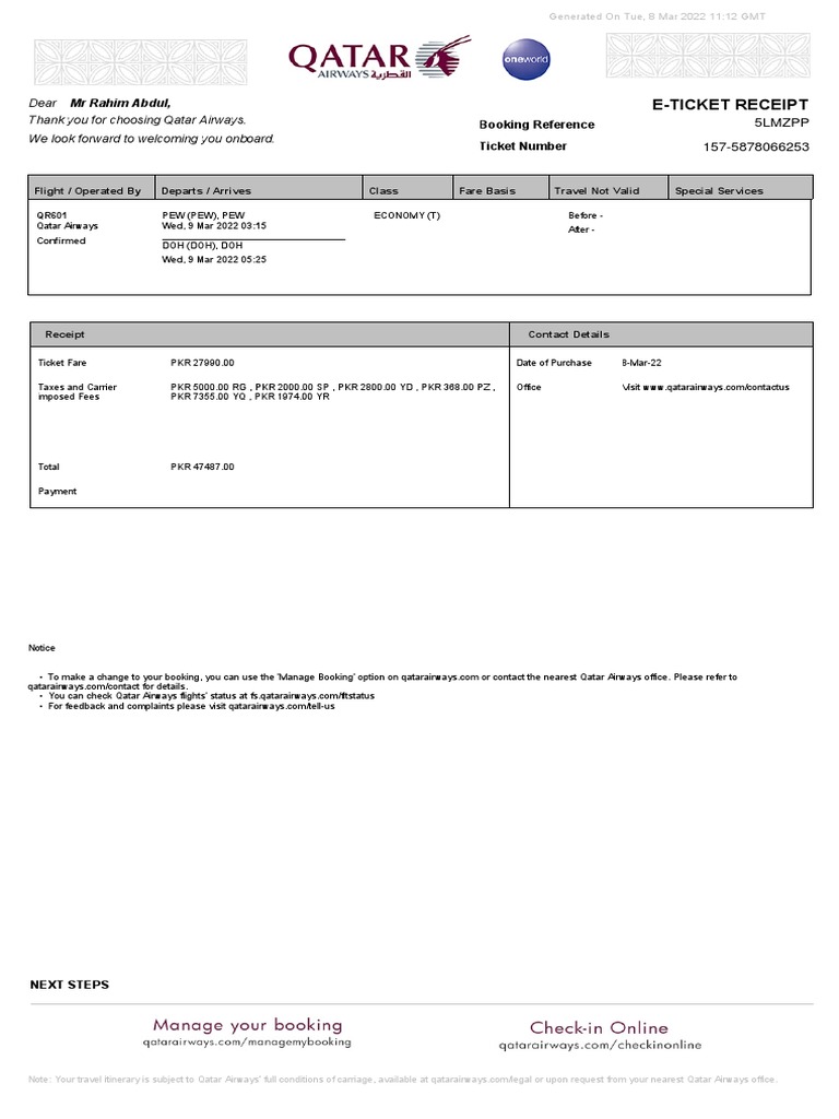 Qatar Airways E-Ticket Receipts for Mr. Rahim Abdul and Mr. Khater Umar ...