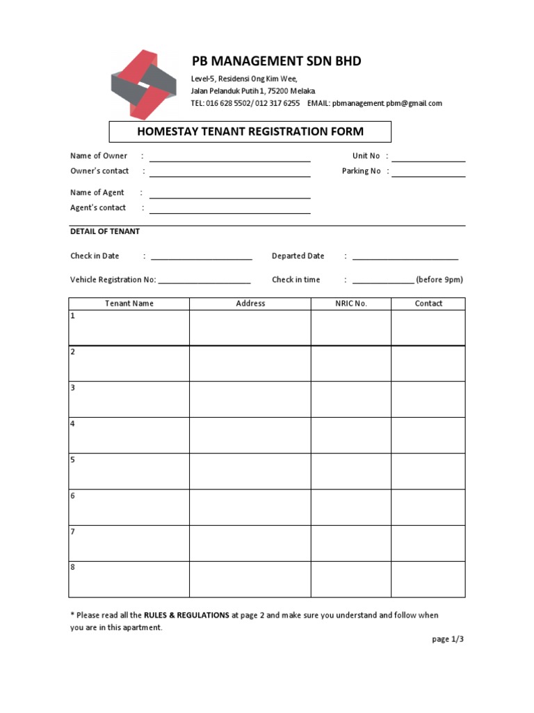 Homestay Tenant Registration Form PPN 3 | PDF | Parking Lot