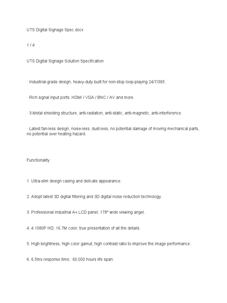 UTS Digital Signage Spec | PDF | Hdmi | Video