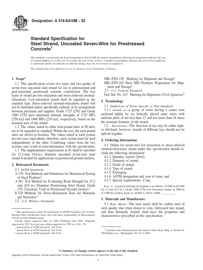 Steel Strand, Uncoated Seven-Wire For Prestressed Concrete | PDF