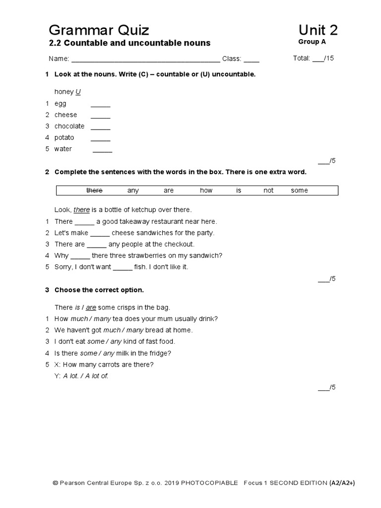 Grammar Quiz Unit 2: 2.2 Countable and Uncountable Nouns | PDF