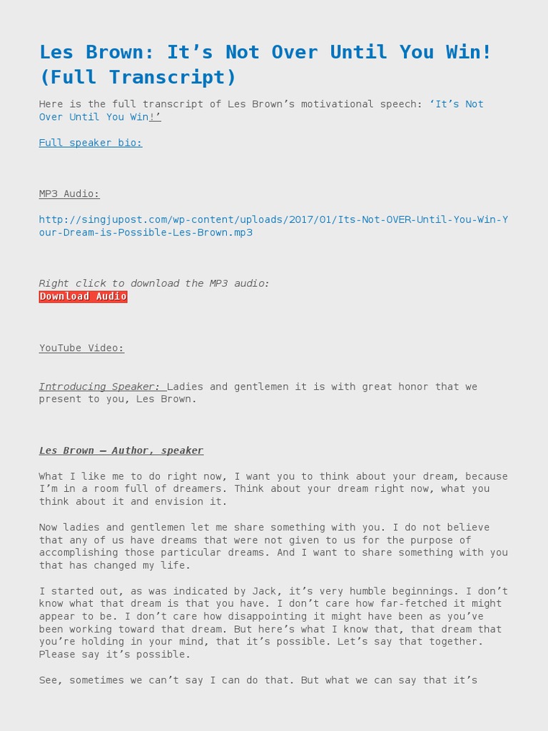 It Is Not Over Till I Win MPDF | PDF | Dream