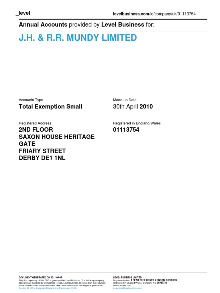 J.H. & R.R. Mundy Limited: Annual Accounts Provided by Level Business ...