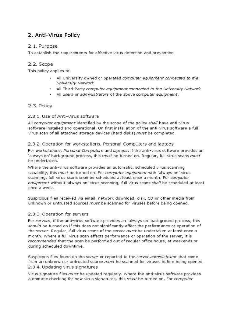 Anti-Virus Policy: 2.1. Purpose | PDF | Antivirus Software | Computer Virus