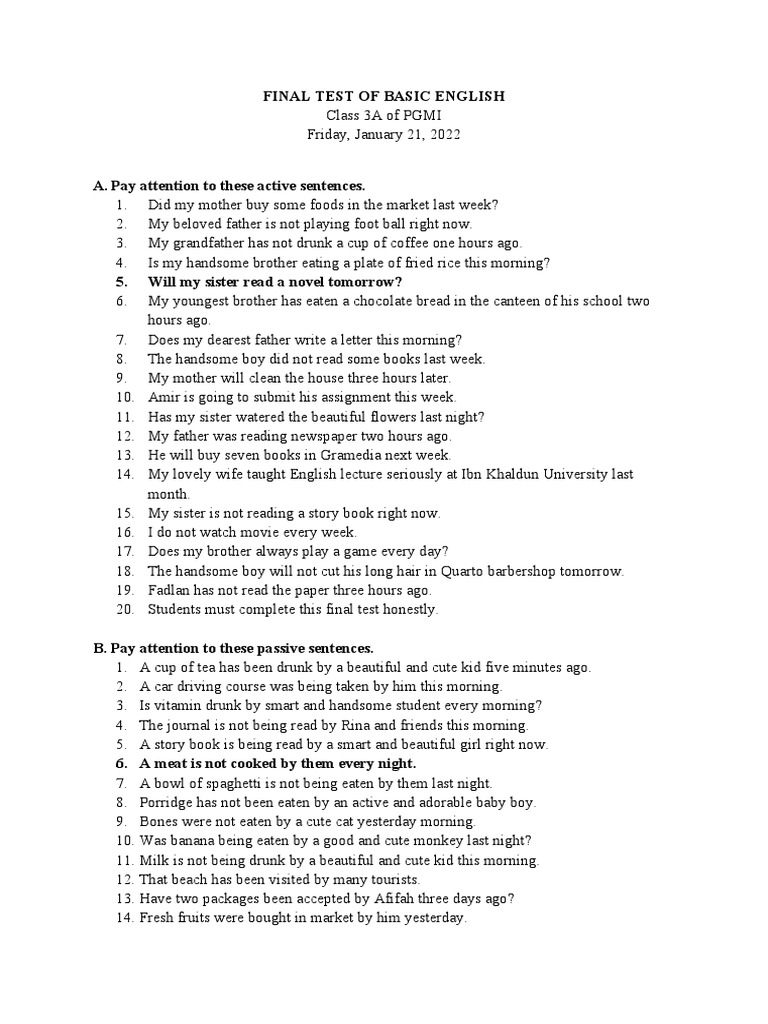 Final Test of Basic English | PDF | Food And Drink Preparation | Diet ...