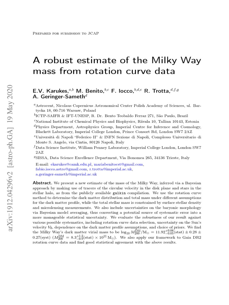 A Robust Estimate of The Milky Way Mass From Rotation Curve Data | PDF | Dark Matter | Bayesian ...