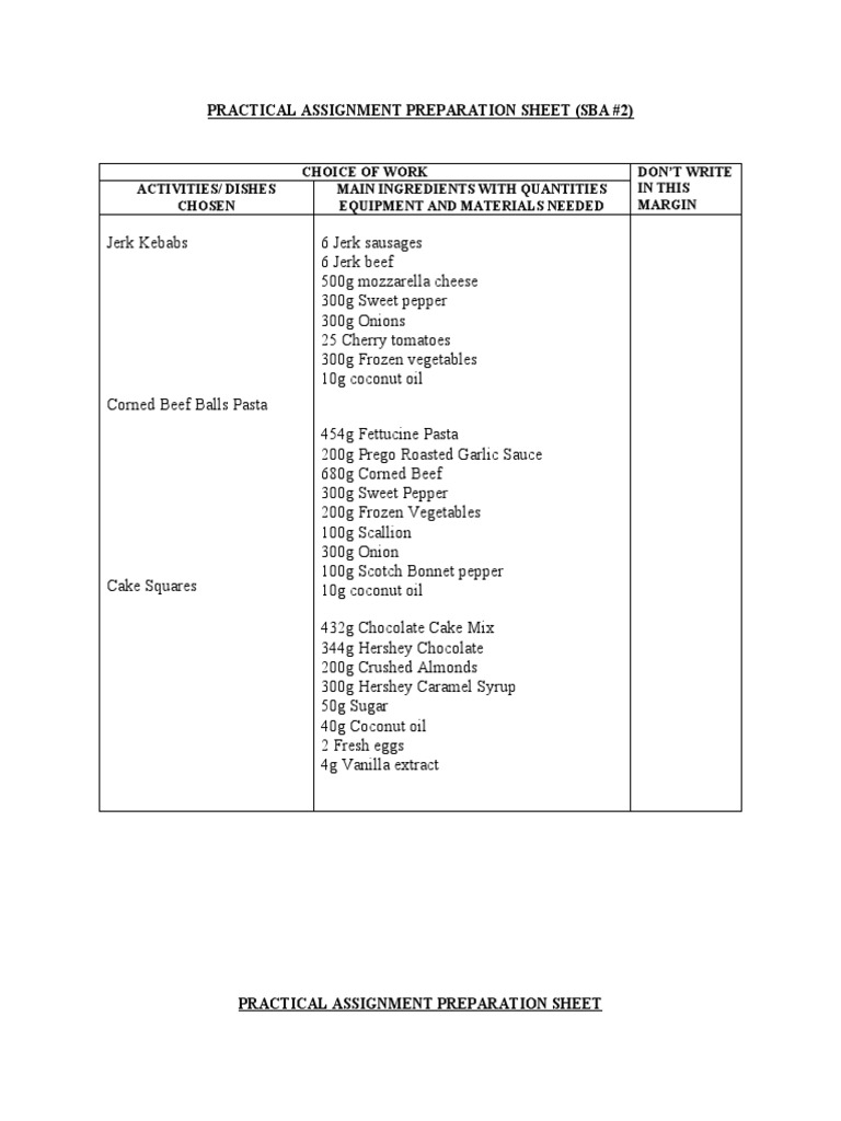 Practical Assignment Preparation Sheet (Sba #2) | PDF | Cakes | Pasta