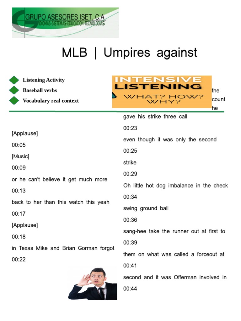 MLB - Umpires Against: Listening Activity Baseball Verbs Vocabulary ...