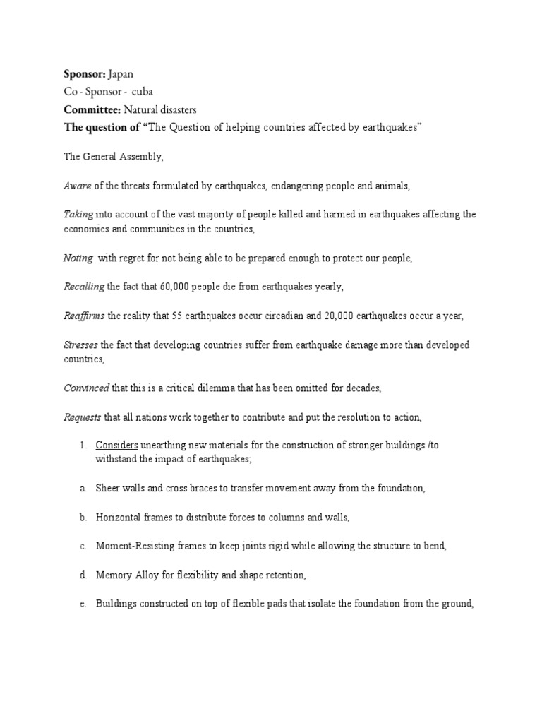 MUN Resolution (Japan) | PDF | Earthquakes