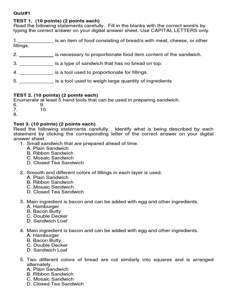 TLE 9 Quiz 1 | PDF | Sandwich | Food And Drink Preparation
