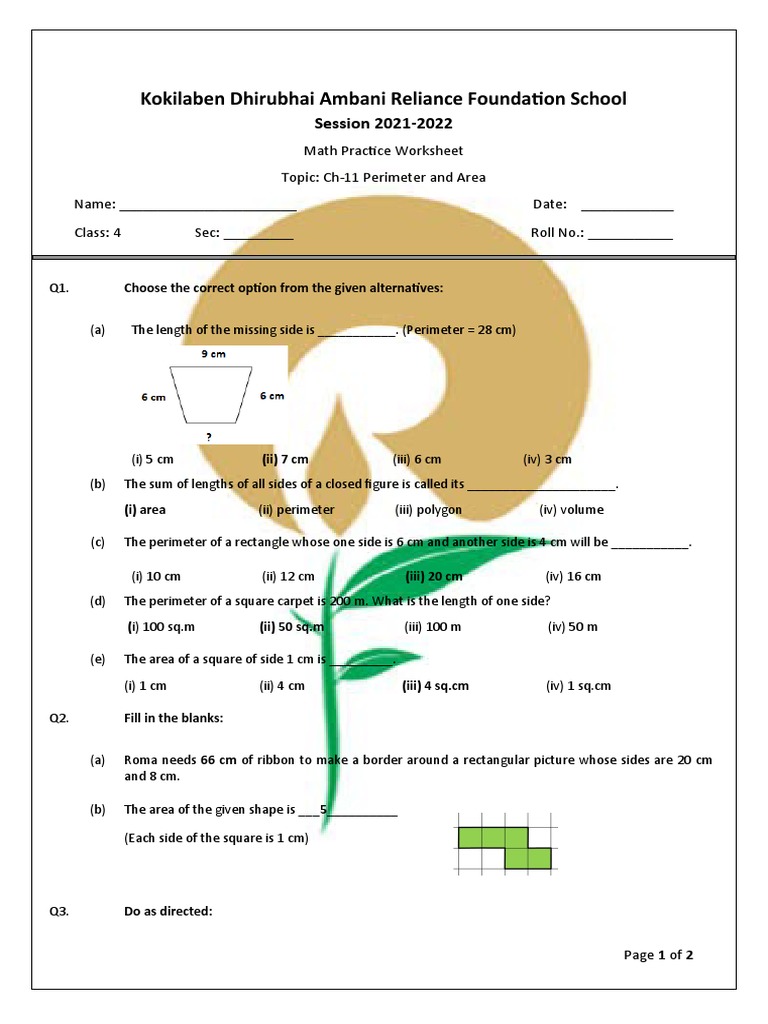 Class 4 Math - PWS-Perimter and Area | Download Free PDF | Area | Rectangle