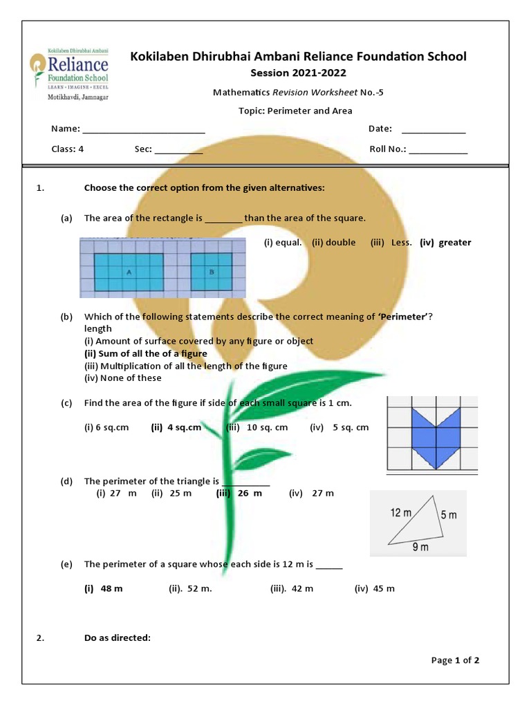 Class 4 TEA-2-Math-RWS 5-Perimter and Area-2021-22 | Descargar gratis PDF | Area | Elementary ...