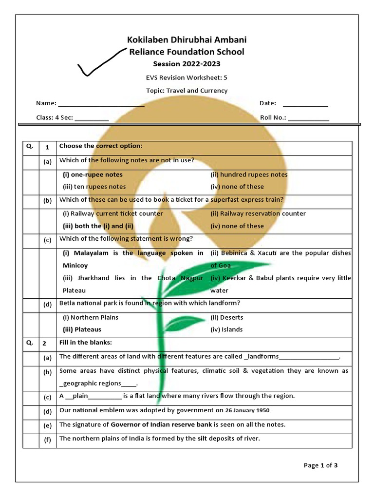 Class 4 EVS - TEA-2 Revision Worksheet - 5 Travel & Currency | PDF ...