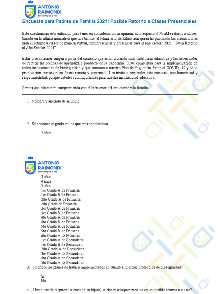 ENCUESTA de Posible Retorno A Clases | PDF