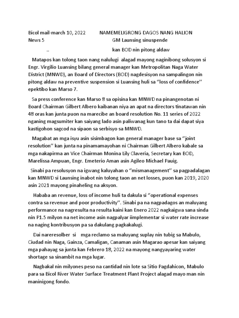 Bicol Mail - March 10, 2022 - GM Luansing. .. | PDF