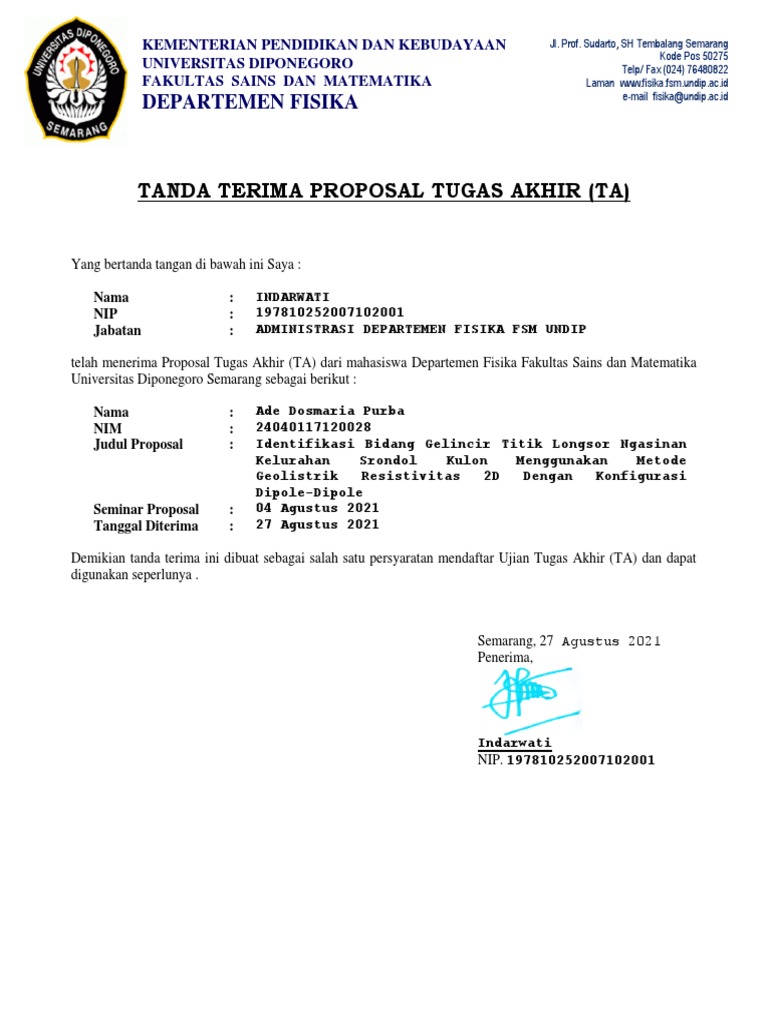 Tanda Terima Proposal TA An. Ade Dosmaria Purba | PDF
