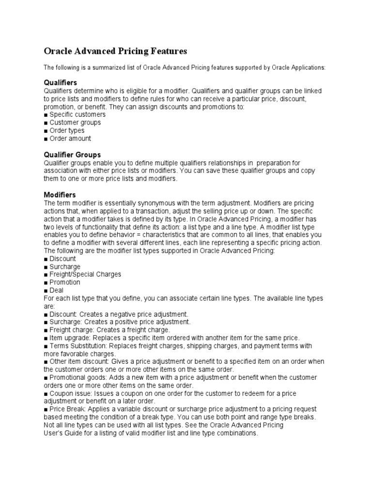 Oracle Advanced Pricing Features | PDF | Cargo | Prices