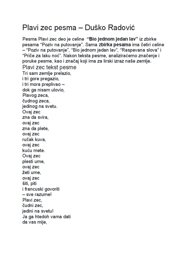 Plavi Zec Pesma | PDF