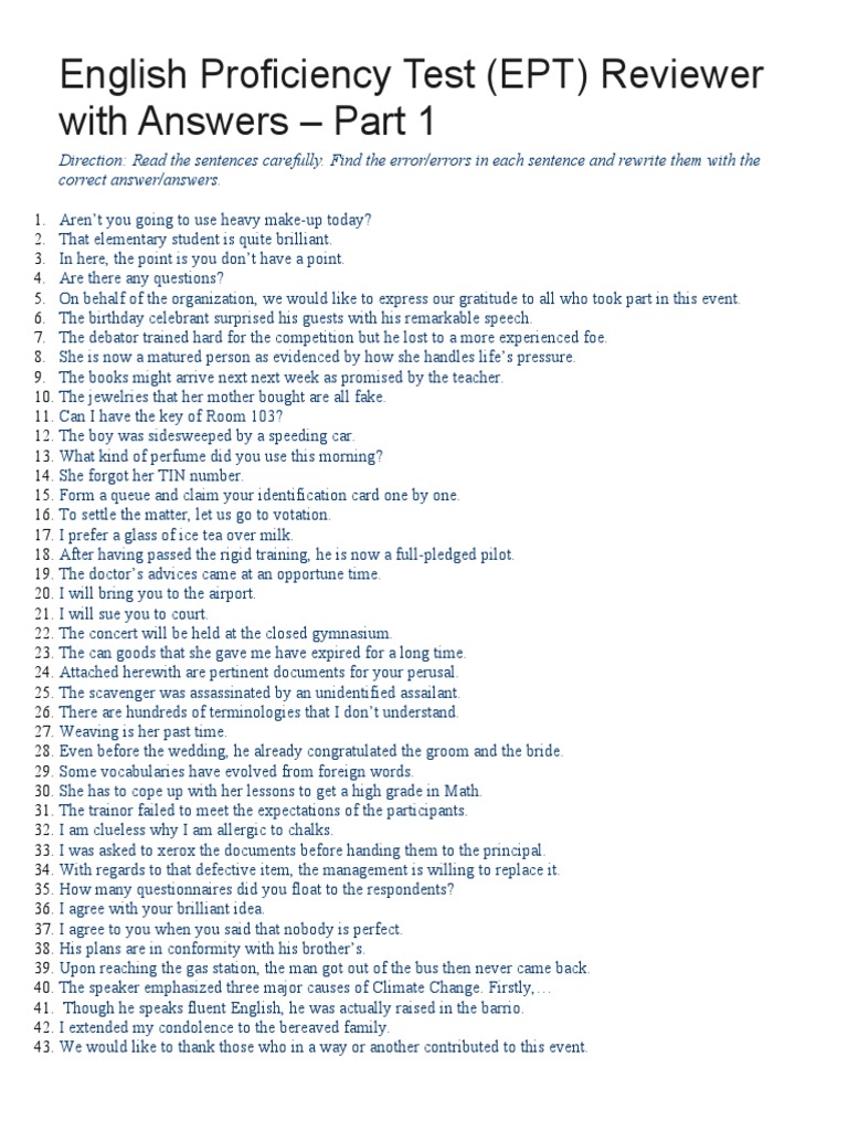 English Proficiency Test (EPT) Reviewer With Answers - Part 1 | PDF ...