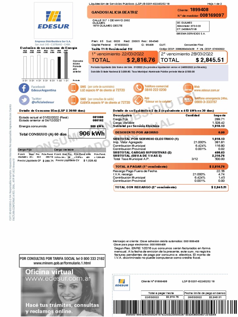 FacturaDigital Edesur 1899408-5 | PDF | Tarjeta de débito | Visa Inc.