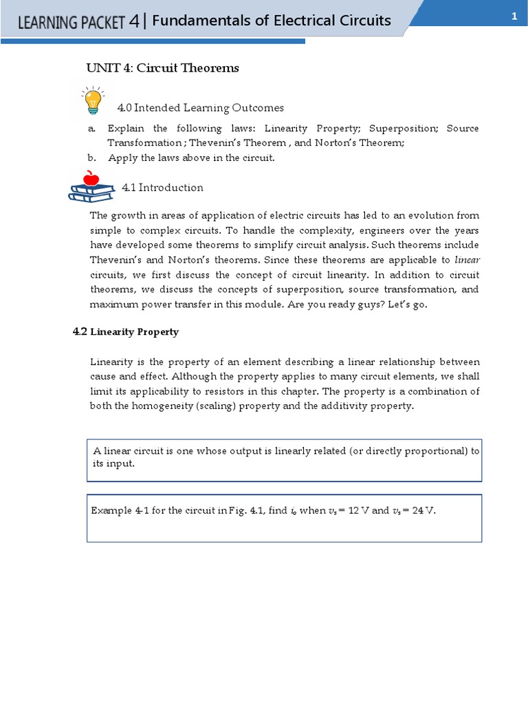 UNIT 4: Circuit Theorems: 4.0 Intended Learning Outcomes | PDF | Electrical Network | Series And ...