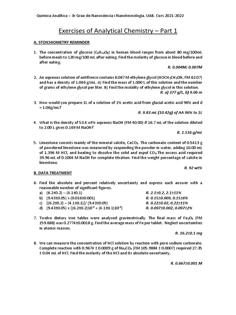 Exercises of Analytical Chemistry - Part 1: A. Stoichiometry Reminder ...