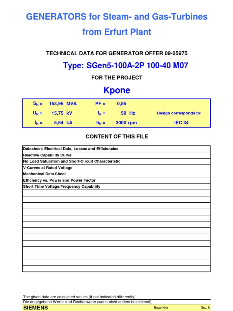 Siemens SGen5-100A-2P Generator Data | PDF | Electric Generator | Machines