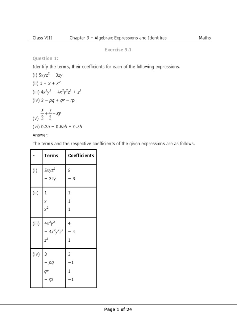 Algebraic Expressions and Identities Practice Problems | PDF ...