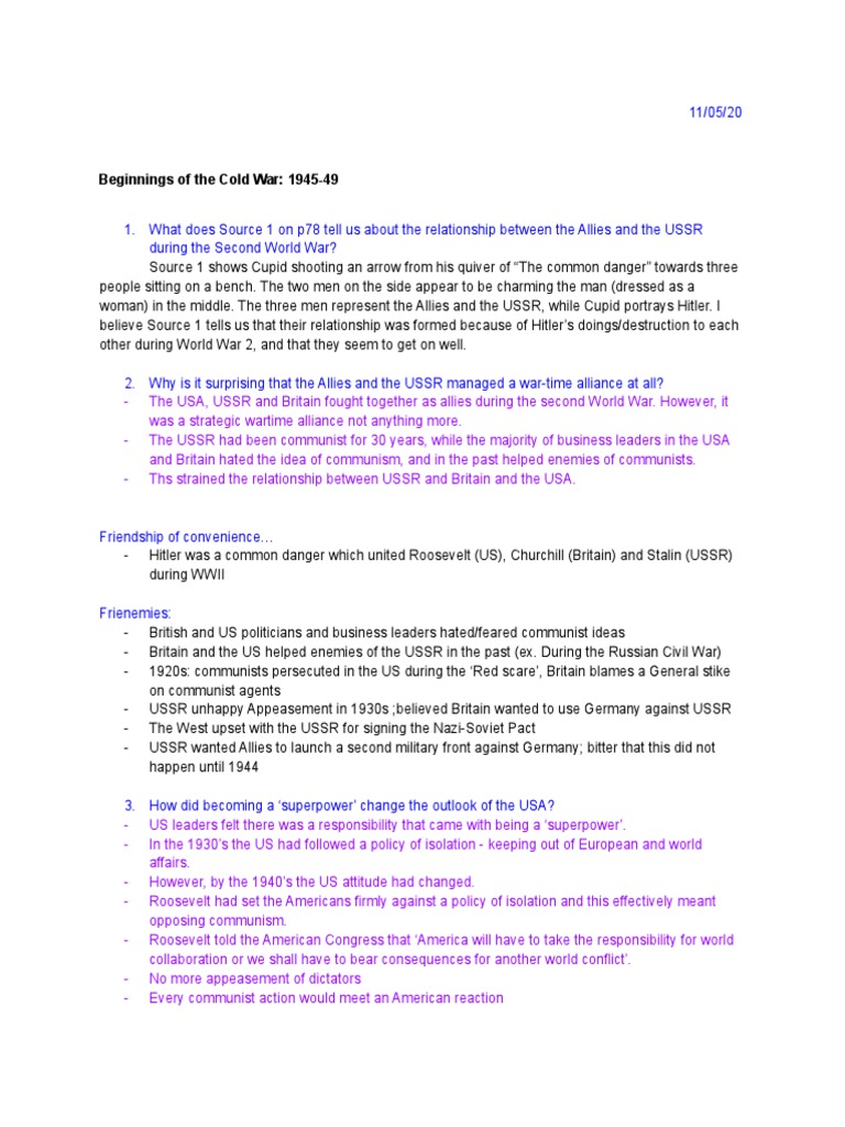 IGCSE HISTORY Topic 5 - Who Was To Blame For The Cold War | PDF ...