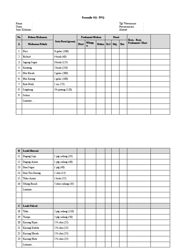 Formulir SQ-FFQ | PDF