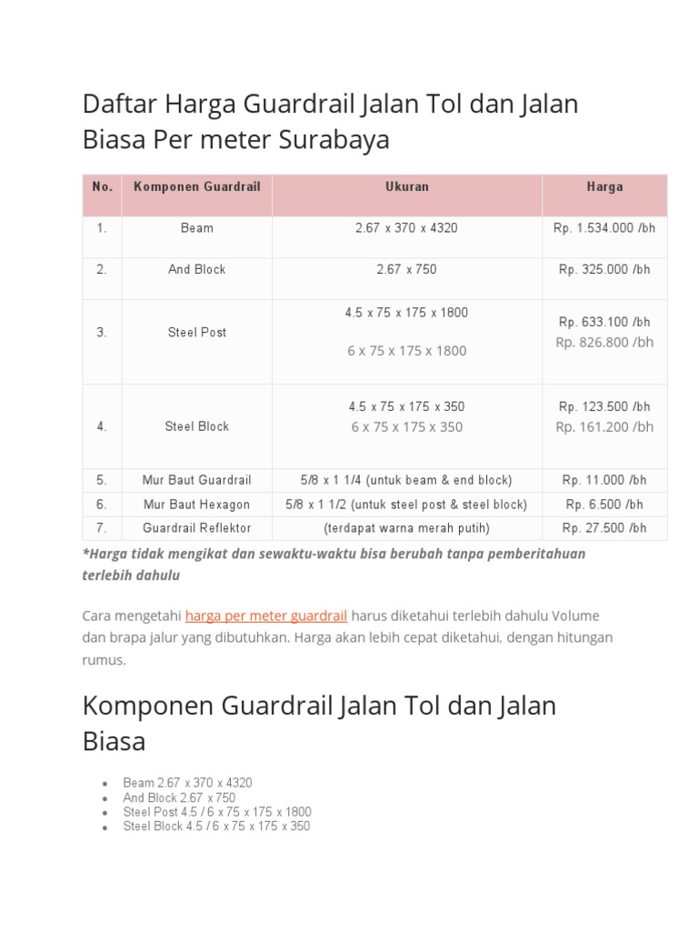 Daftar Harga Guardrail Jalan Tol Dan Jalan Biasa Per Meter Surabaya | PDF