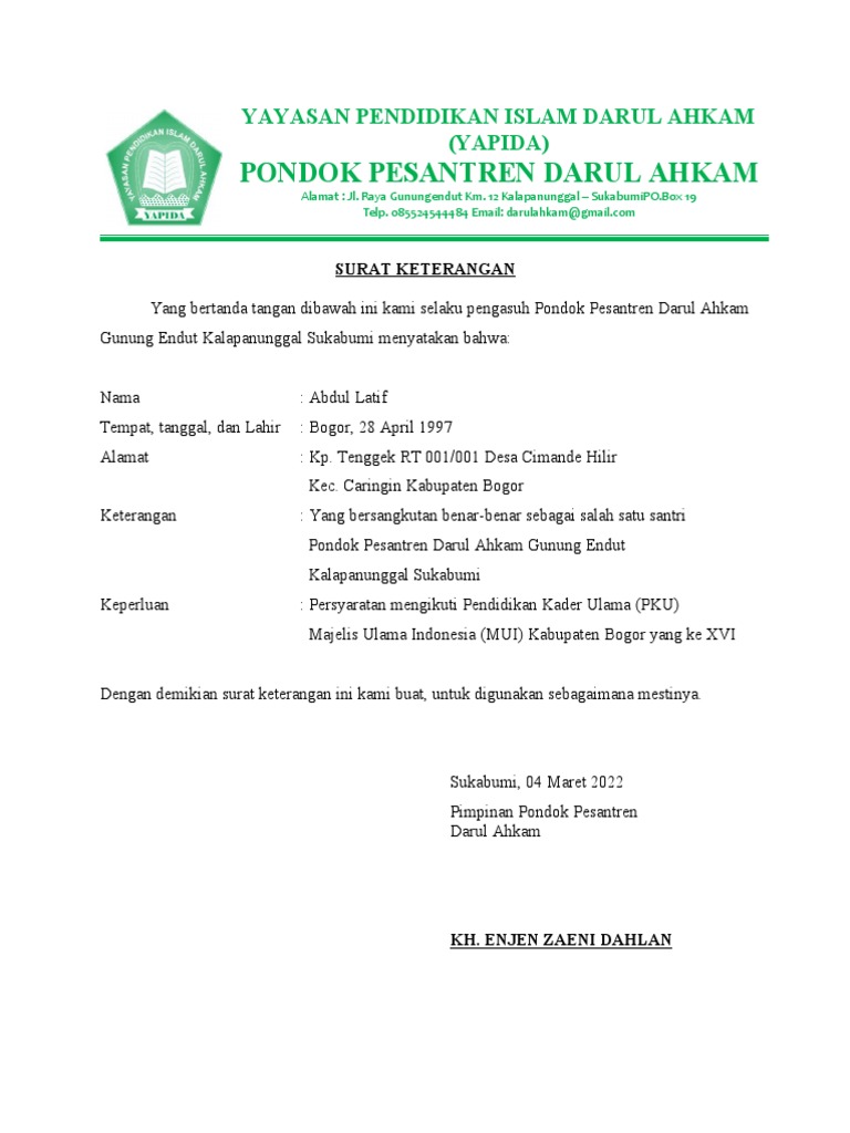 Surat Keterangan Santri Aktif YAPIDA | PDF