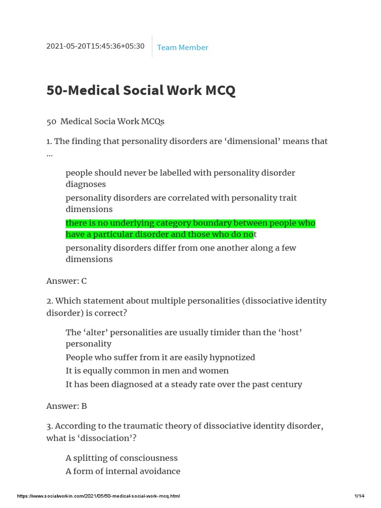 50-Medical Social Work MCQ | PDF | Validity (Statistics) | Self Esteem