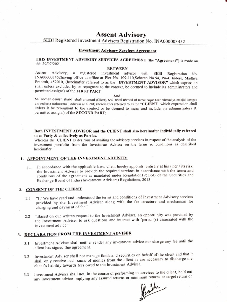 Assent Advisory Investment Advisory Services Agreement | PDF ...