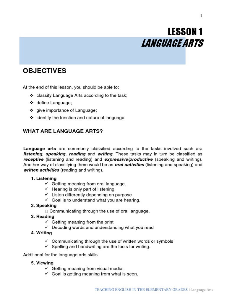 TEACHING ENGLISH IN THE ELEMENTARY GRADES Language Arts Module 1 PDF ...
